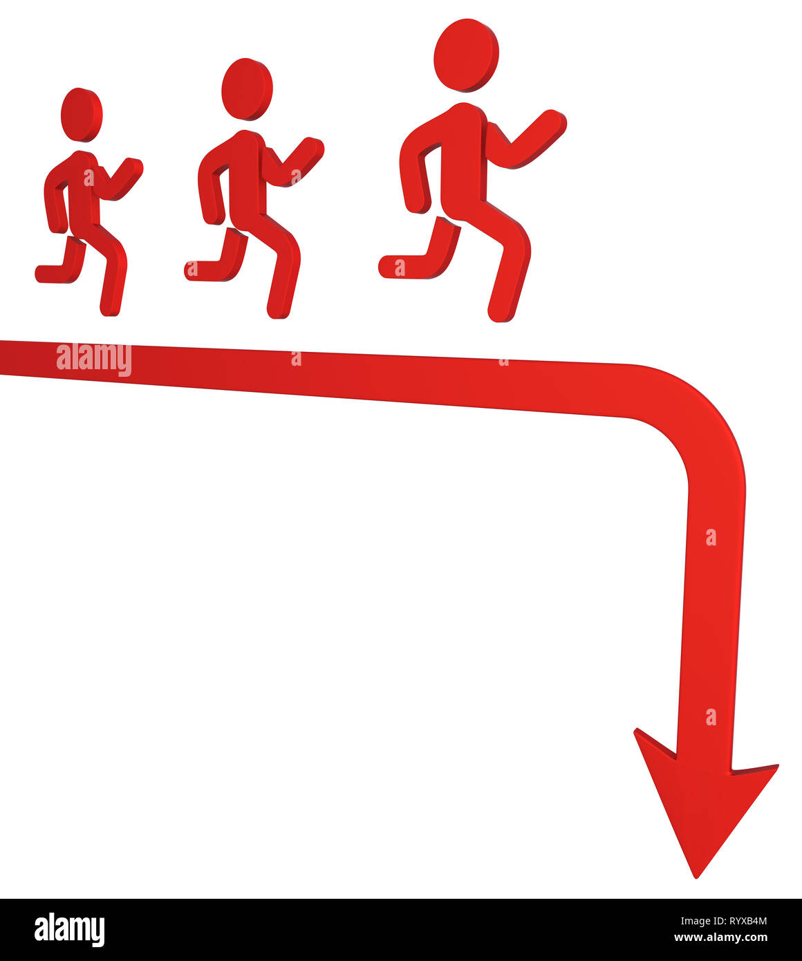 Symbolic running figure arrow red dropping, 3d illustration, horizontal ...