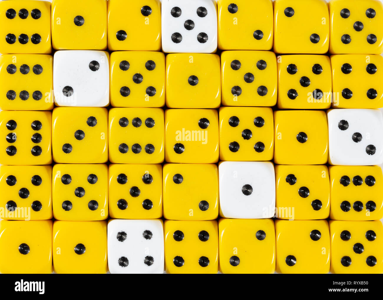Background of random ordered yellow dices with five white cubes Stock ...