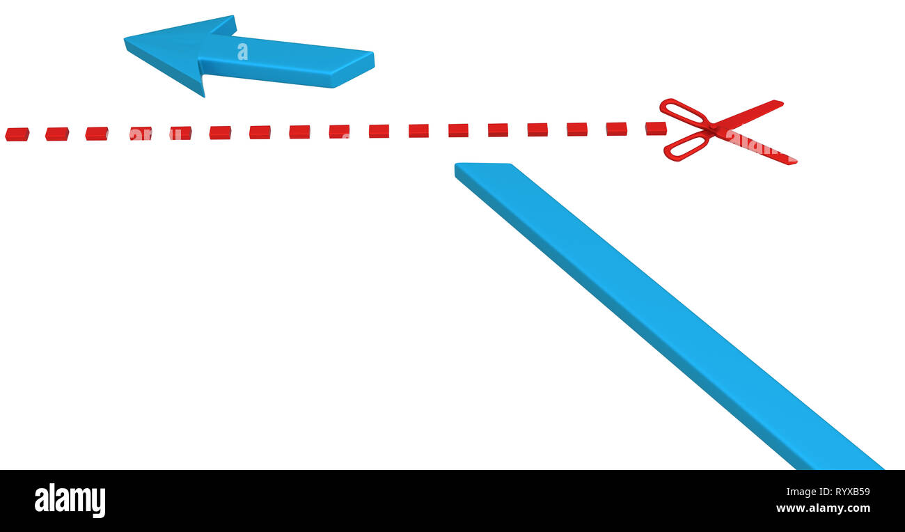 Blue symbolic arrow cut short by red scissor line, 3d illustration ...