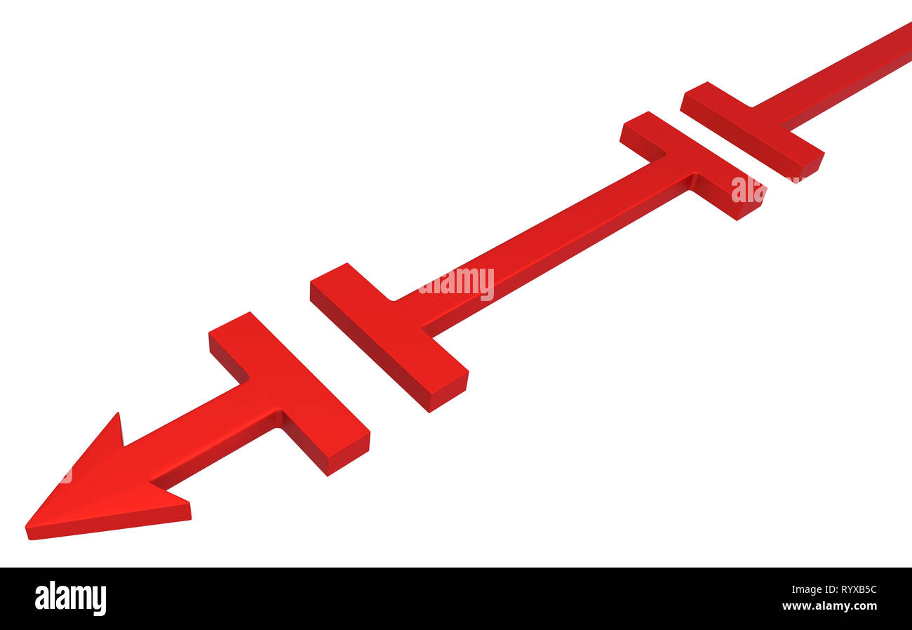 Red symbolic arrow segment interrupt, 3d illustration, horizontal, over ...
