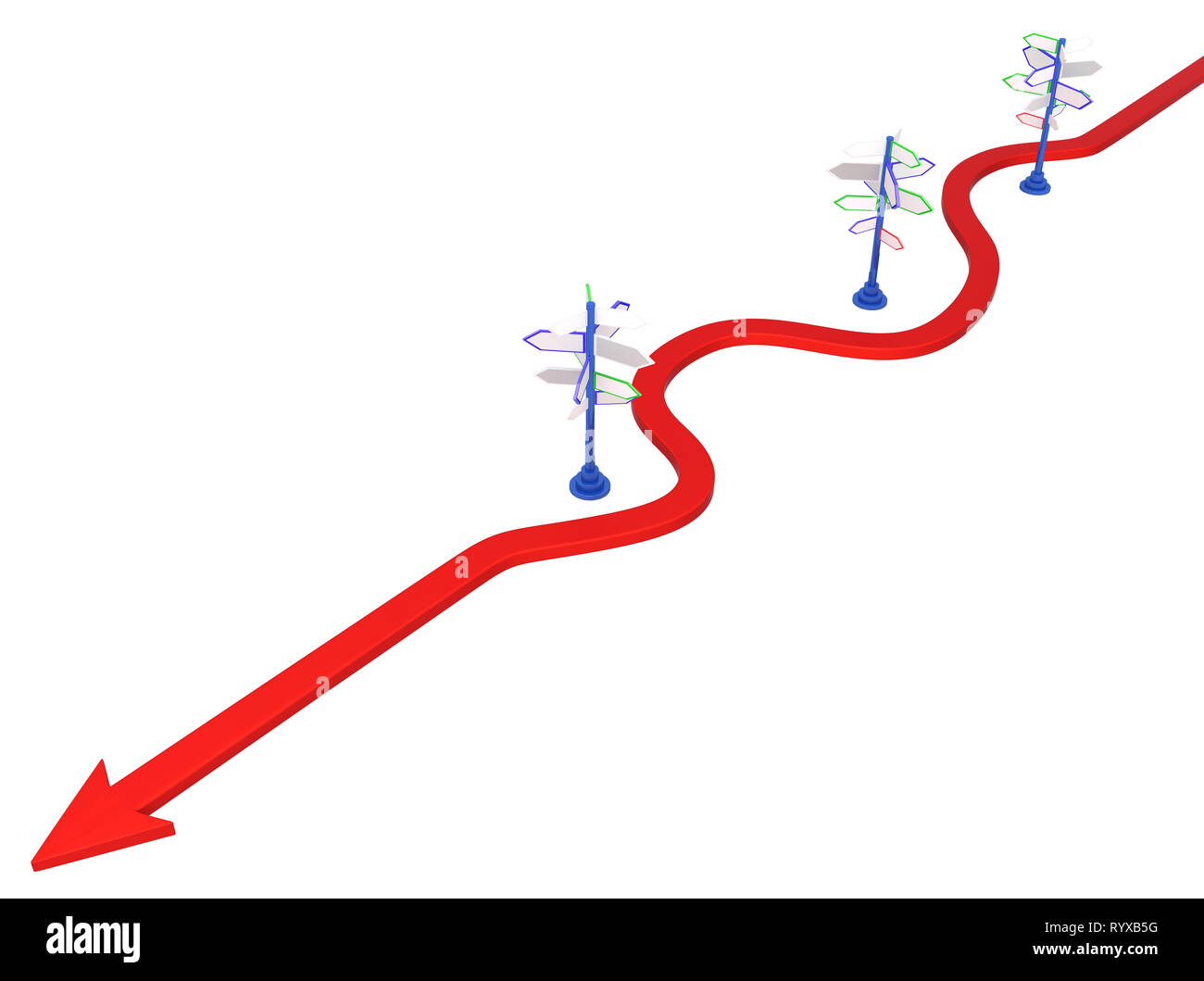 Red symbolic arrow sign posts bypass, 3d illustration, horizontal, over ...