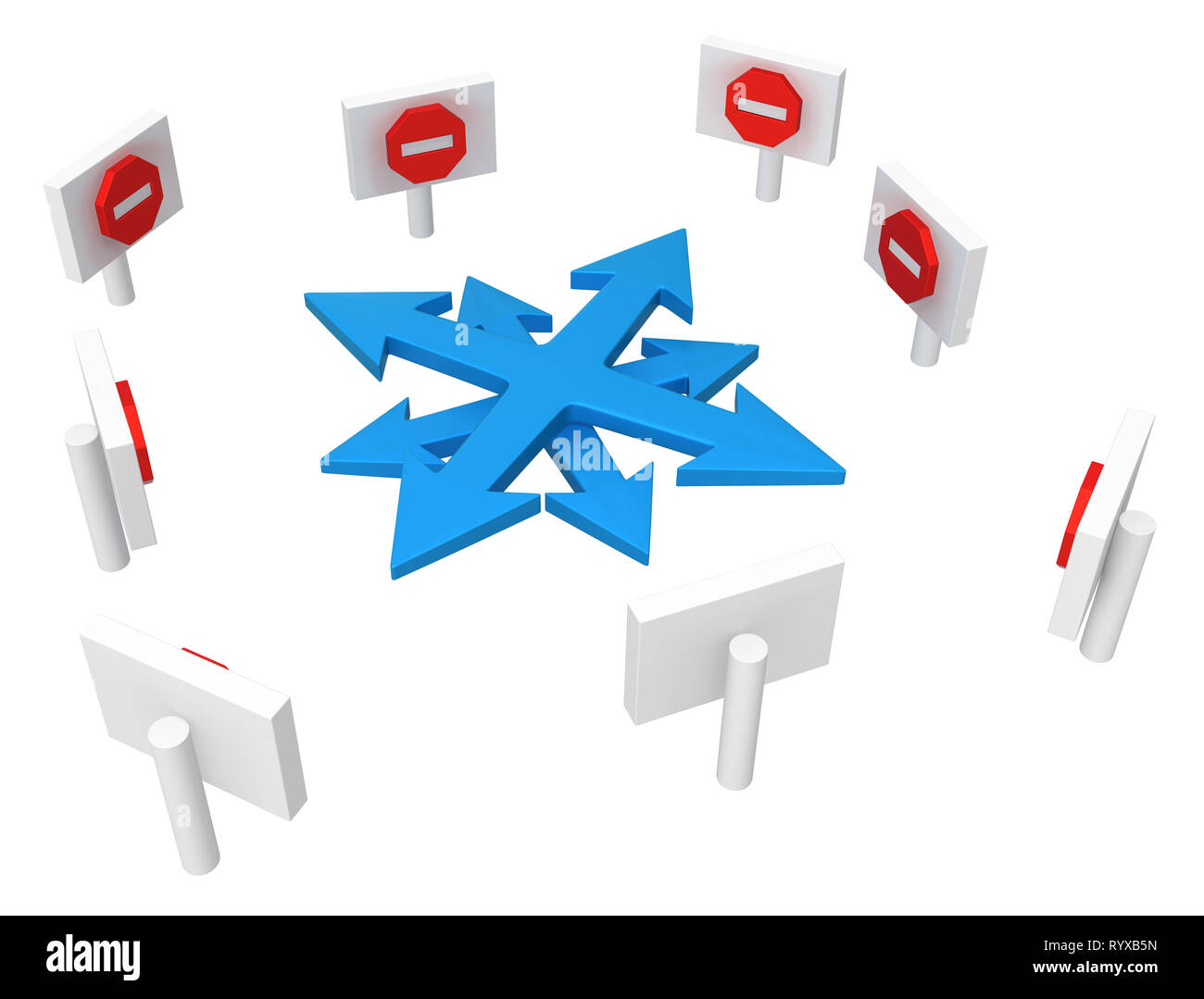 Blue symbolic arrows stop signs contained, 3d illustration, horizontal ...