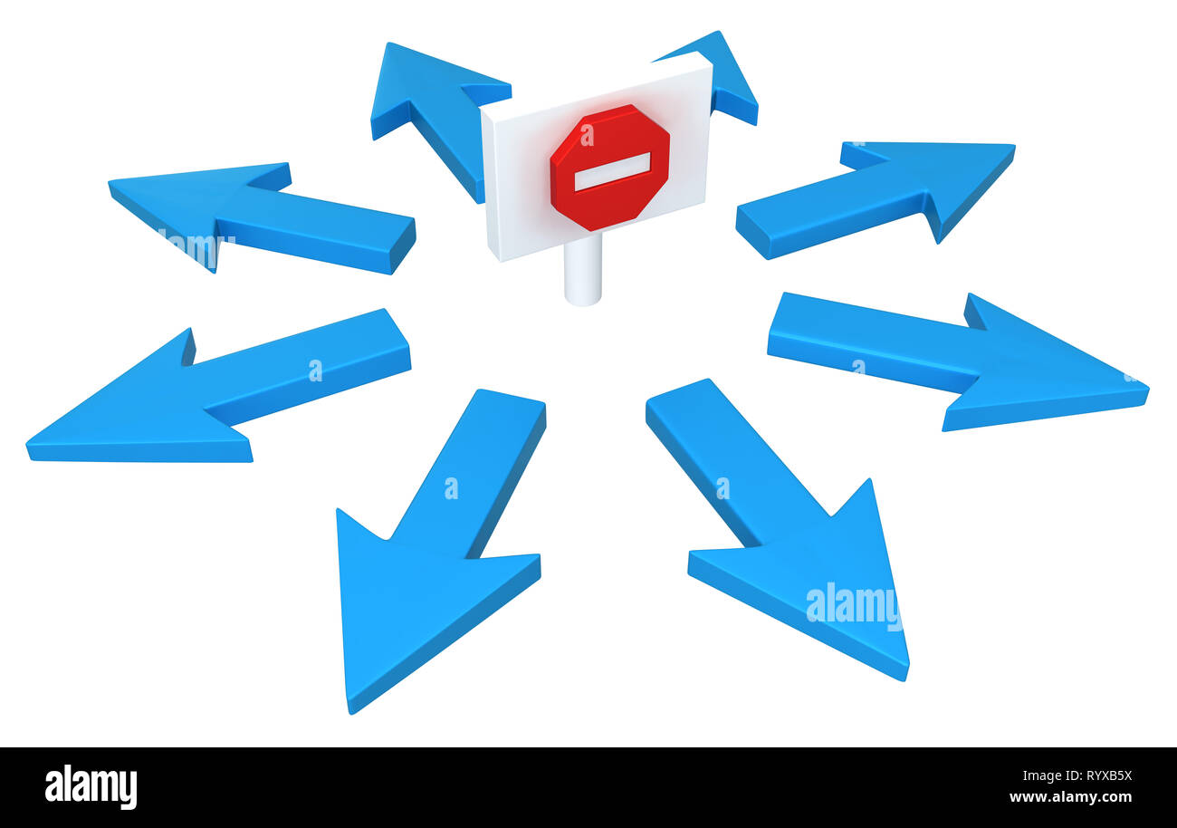 Blue symbolic arrows stop sign spread, 3d illustration, horizontal ...