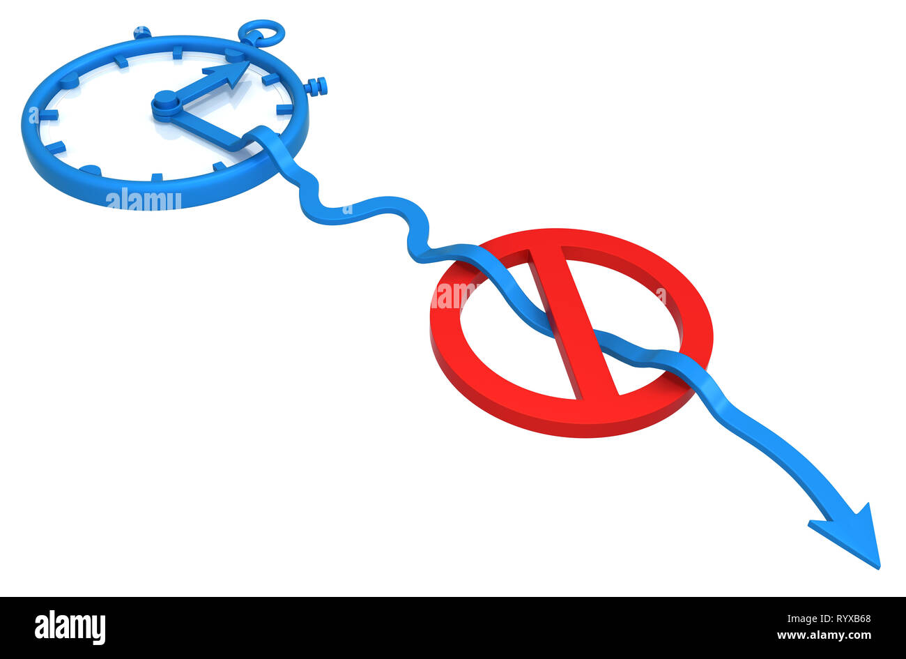 Red symbolic time arrow ban pass, 3d illustration, horizontal, over ...