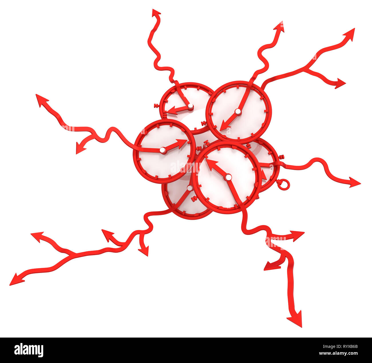 Red symbolic time arrow branching clocks, 3d illustration, horizontal ...