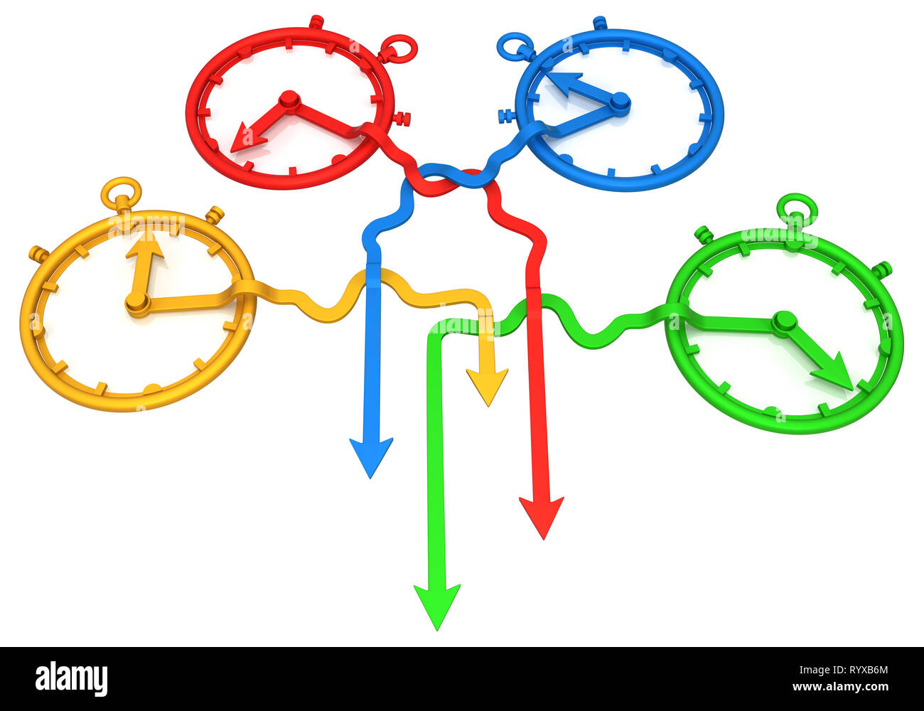 Symbolic arrow time clocks colors down, 3d illustration, horizontal ...