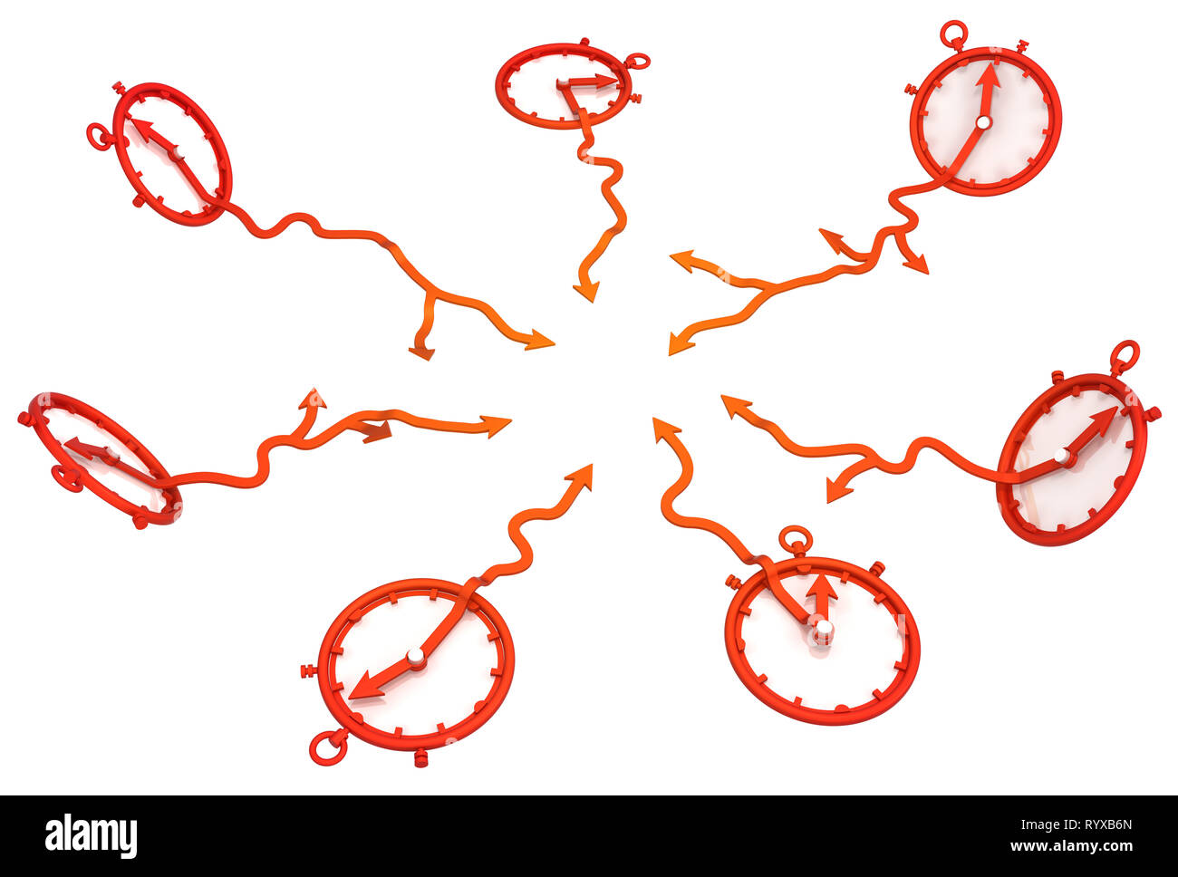 Red symbolic time arrow many converging meeting, 3d illustration ...