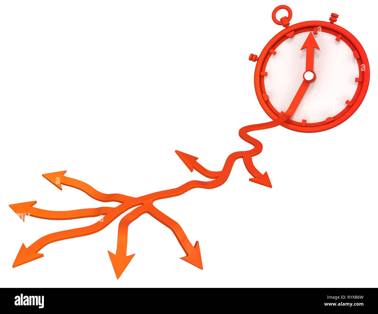 Red symbolic time arrow split into many, 3d illustration, horizontal ...