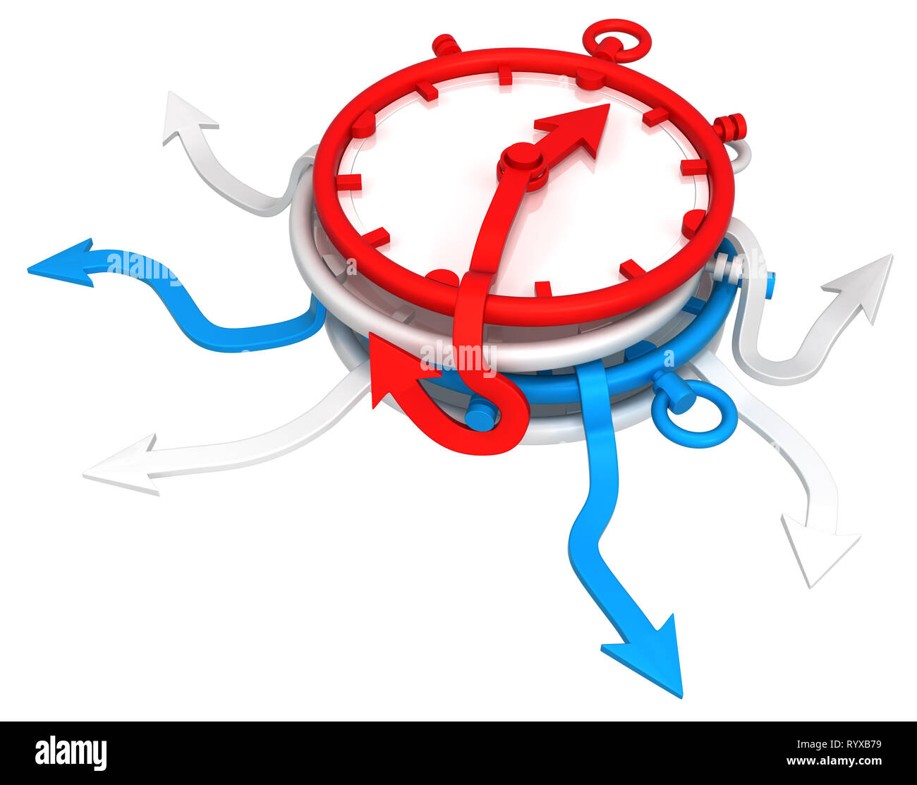 Red symbolic time arrow stack, 3d illustration, horizontal, over white ...