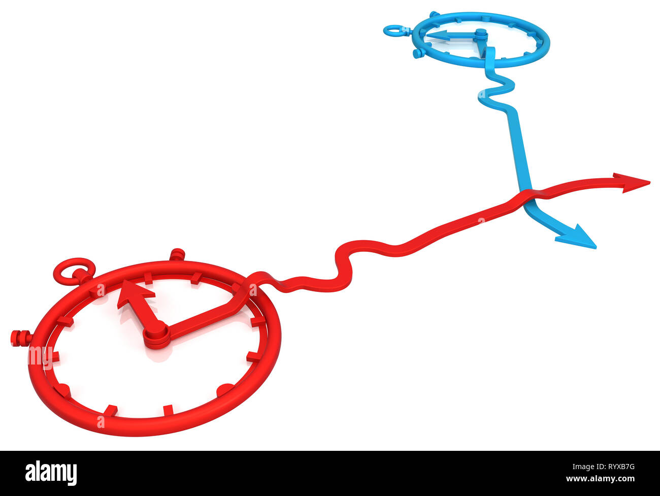 Red symbolic arrow time clocks touching, 3d illustration, horizontal ...