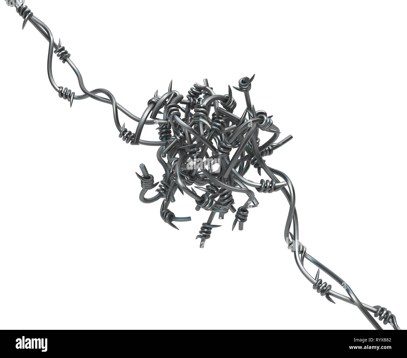 Barbed wire pieces middle point tangled cluster, grey metal 3d ...
