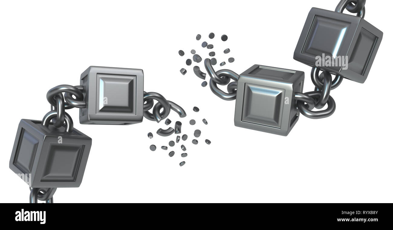 Breaking block chain in half, dark grey metal 3d illustration, isolated ...