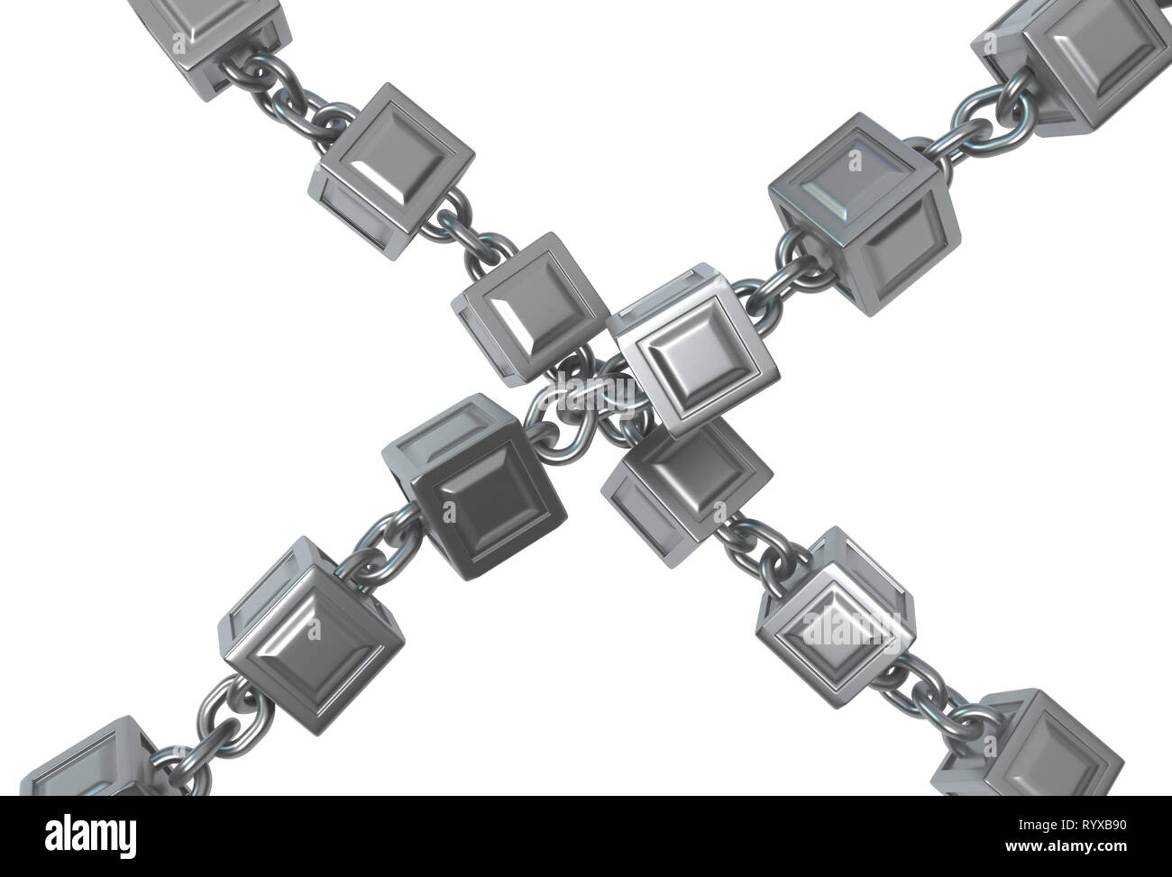 Metal block chains crossed isolated, 3d illustration, horizontal, over ...