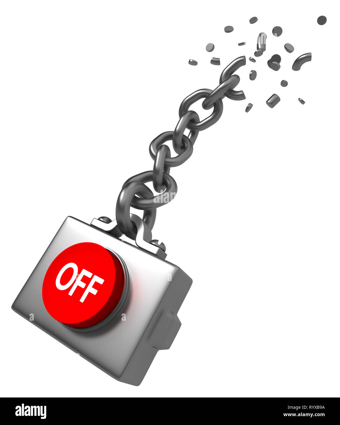 Breaking chain red button switch off, dark grey metal 3d illustration ...