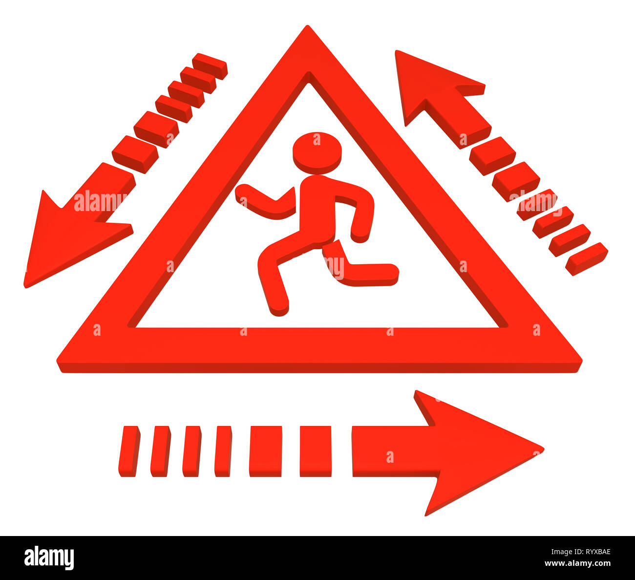 Red symbolic running figure triangle warning sign cycle around, 3d ...