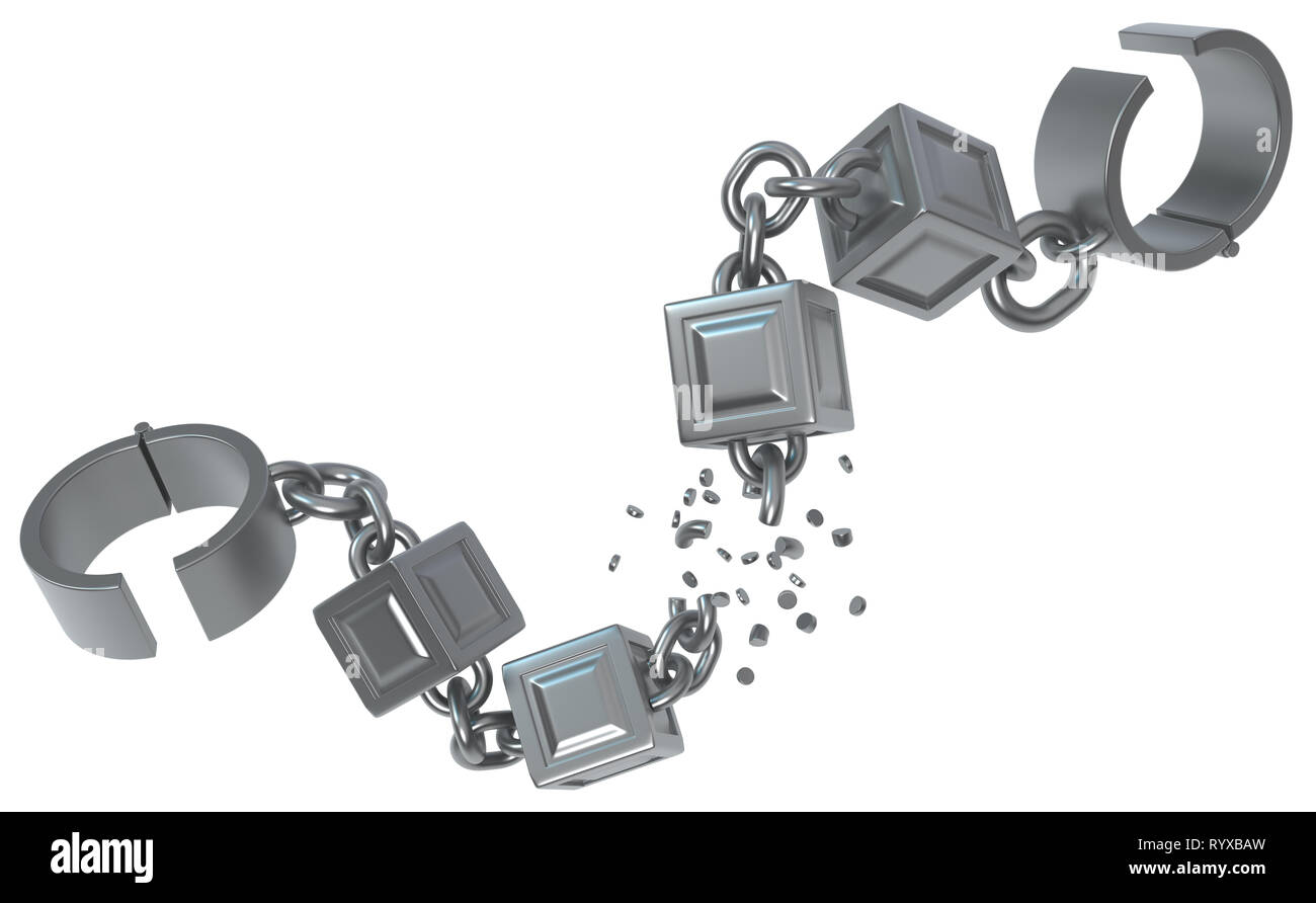 Breaking block chain shackles, dark grey metal 3d illustration ...