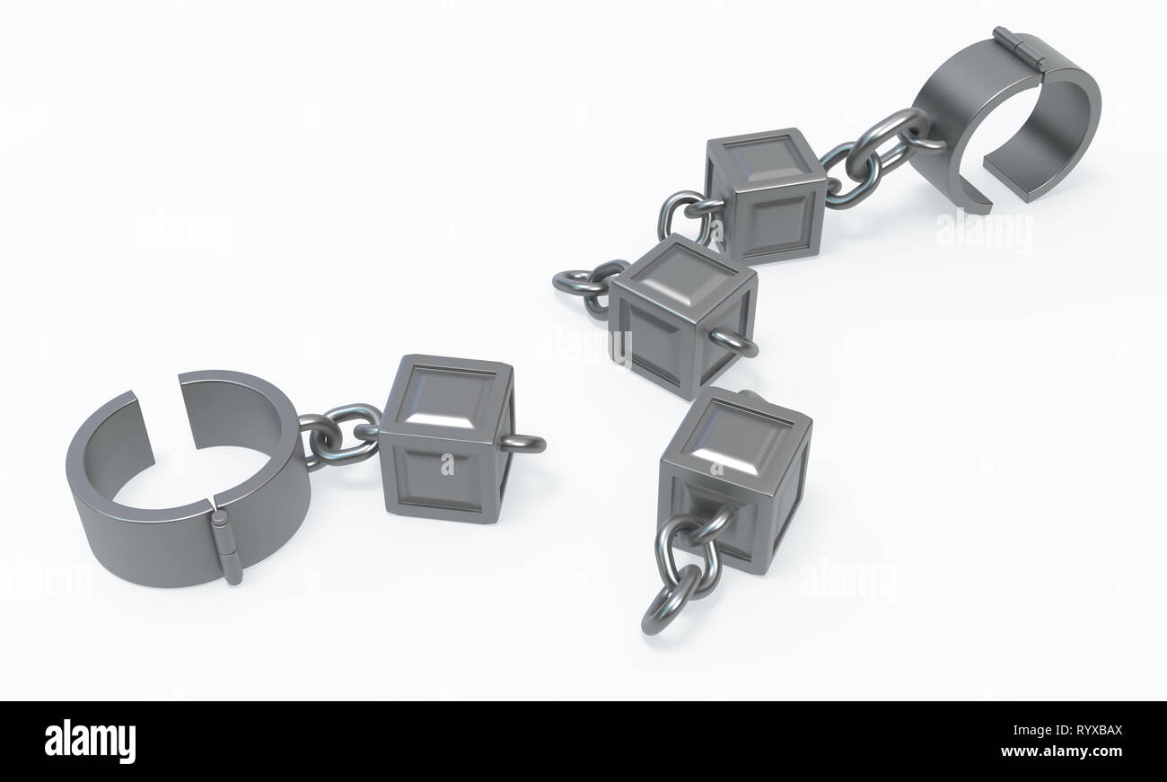 Split block chain shackles on surface, dark grey metal 3d illustration ...