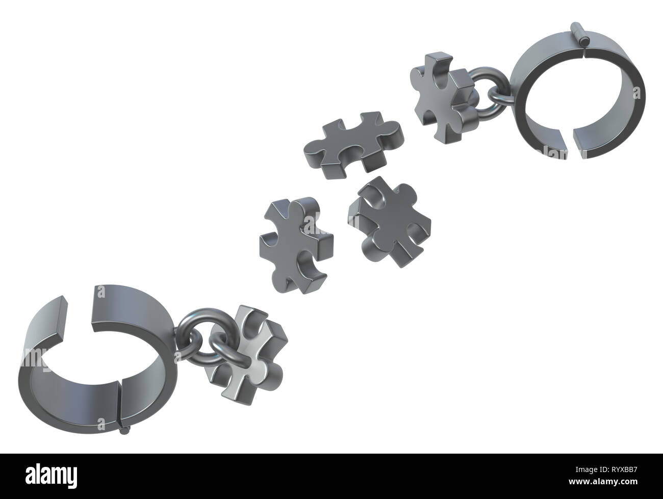 Shackles chain jigsaw puzzle grey metal 3d illustration, isolated ...