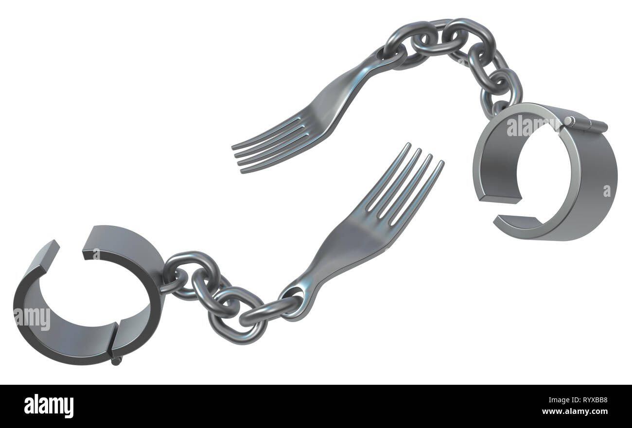 Shackles chain forks two segments grey metal 3d illustration, isolated ...