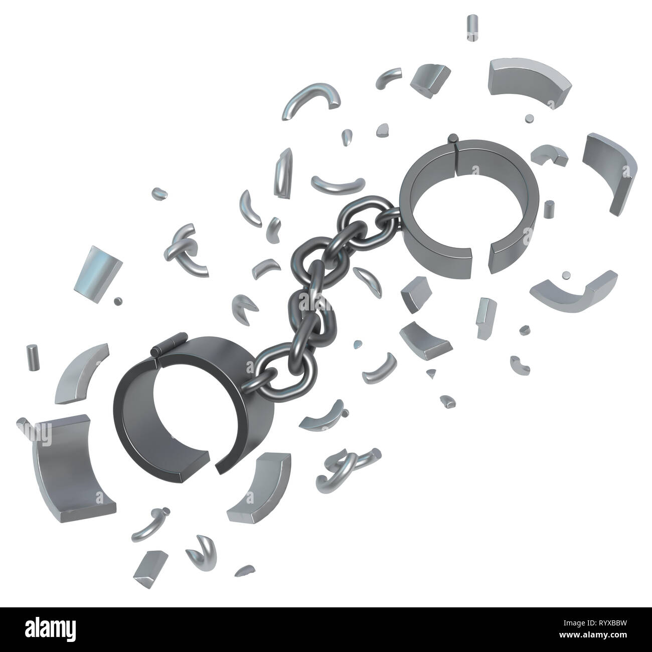Shackles shatter form grey metal 3d illustration, isolated, horizontal ...