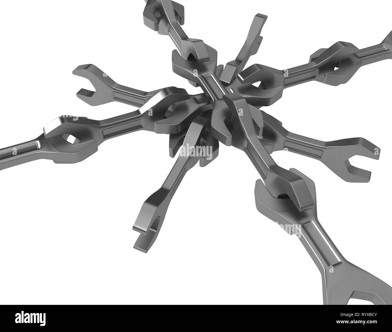 Spanners linked many crossing, 3d illustration, horizontal, isolated ...