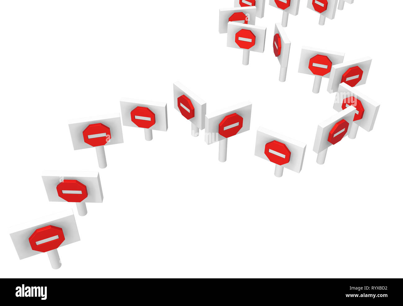 Red small stop signs path, 3d illustration, horizontal, over white ...