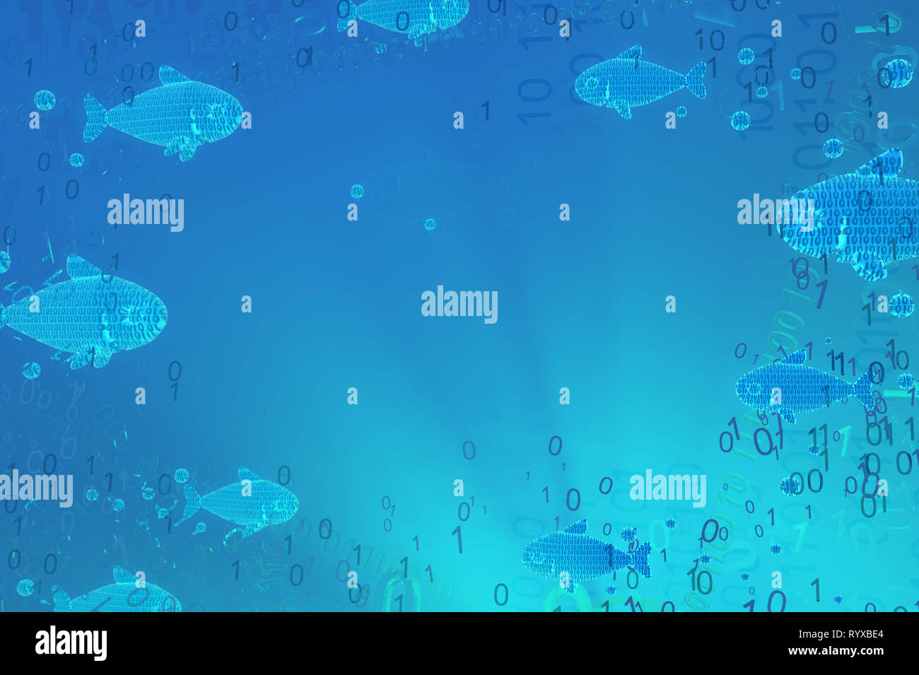 Virtual blue glowing fish swimming in code habitat, free space center ...