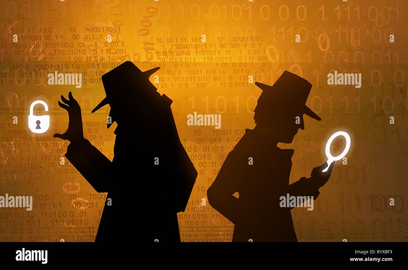 Spy and detective shadow figures, orange color, cyberspace virtual ...