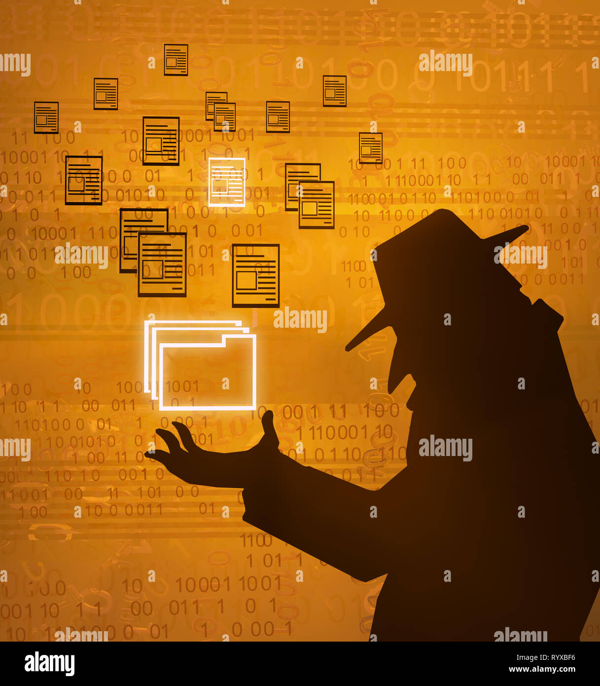 Spy shadow figure orange holding file folder, cyberspace virtual ...