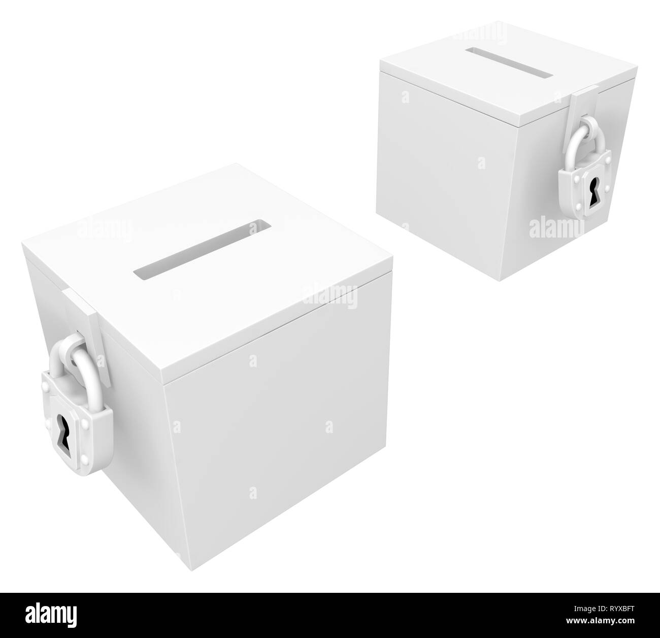 Vote box locked symbolic white, pair, 3d illustration, horizontal ...