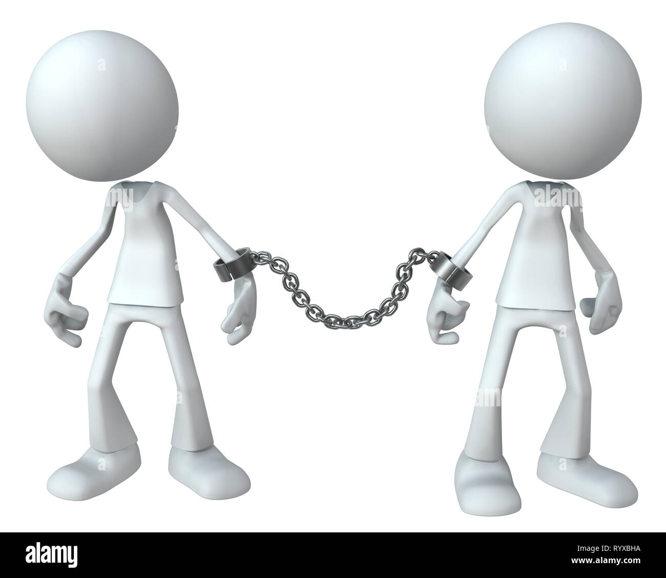 White symbolic figures two shackled together, 3d illustration ...
