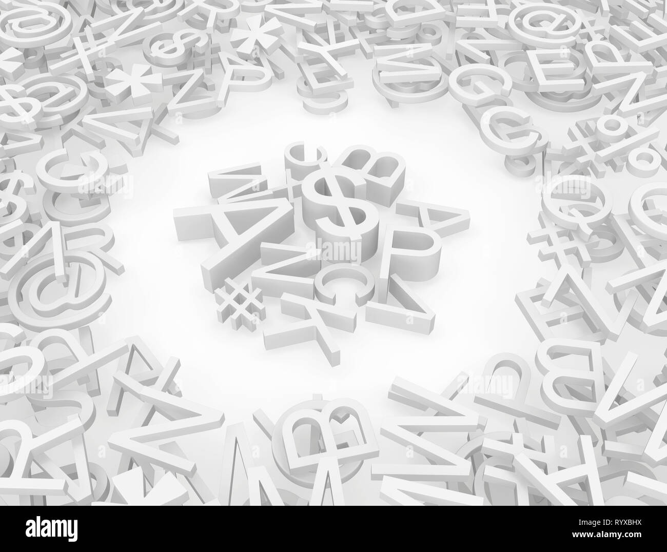 Alphabet letters and symbols mix white center group, 3d illustration ...