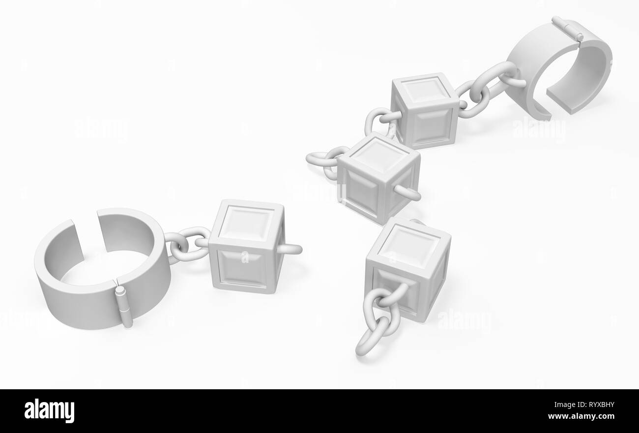 Split white block chain shackles on surface 3d illustration, horizontal ...