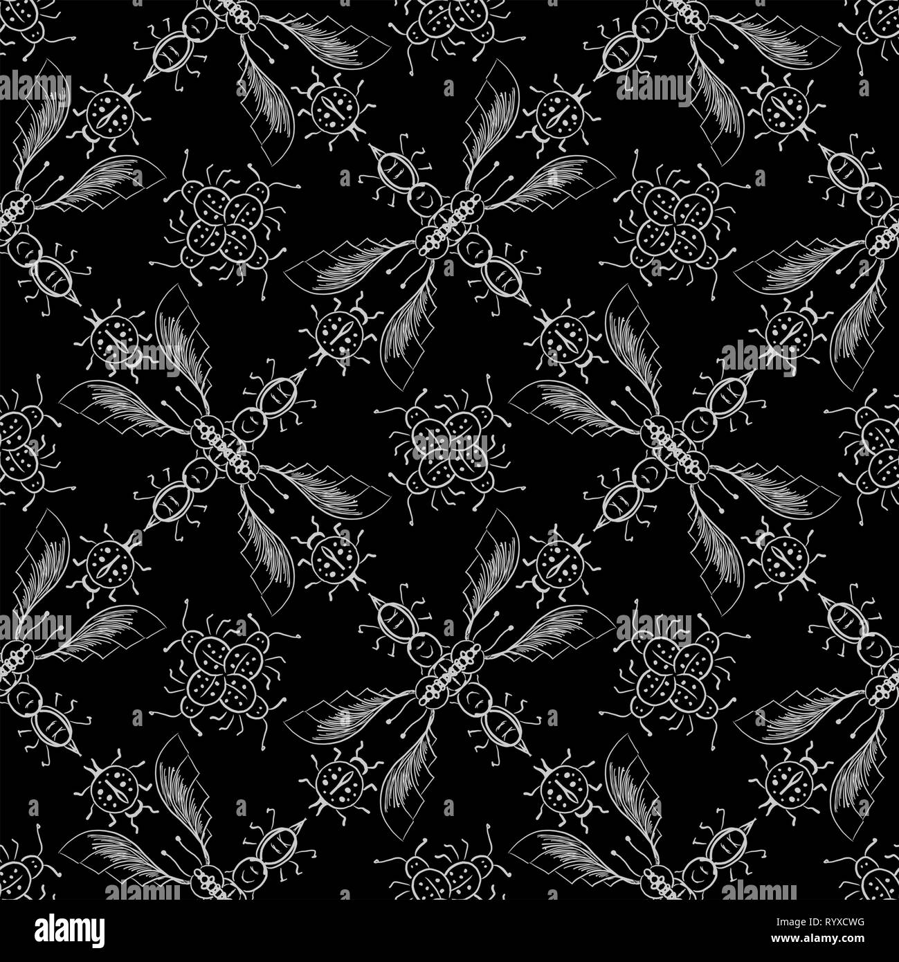 Ladybugs and butterflies - line art hand drawn seamless pattern Stock ...