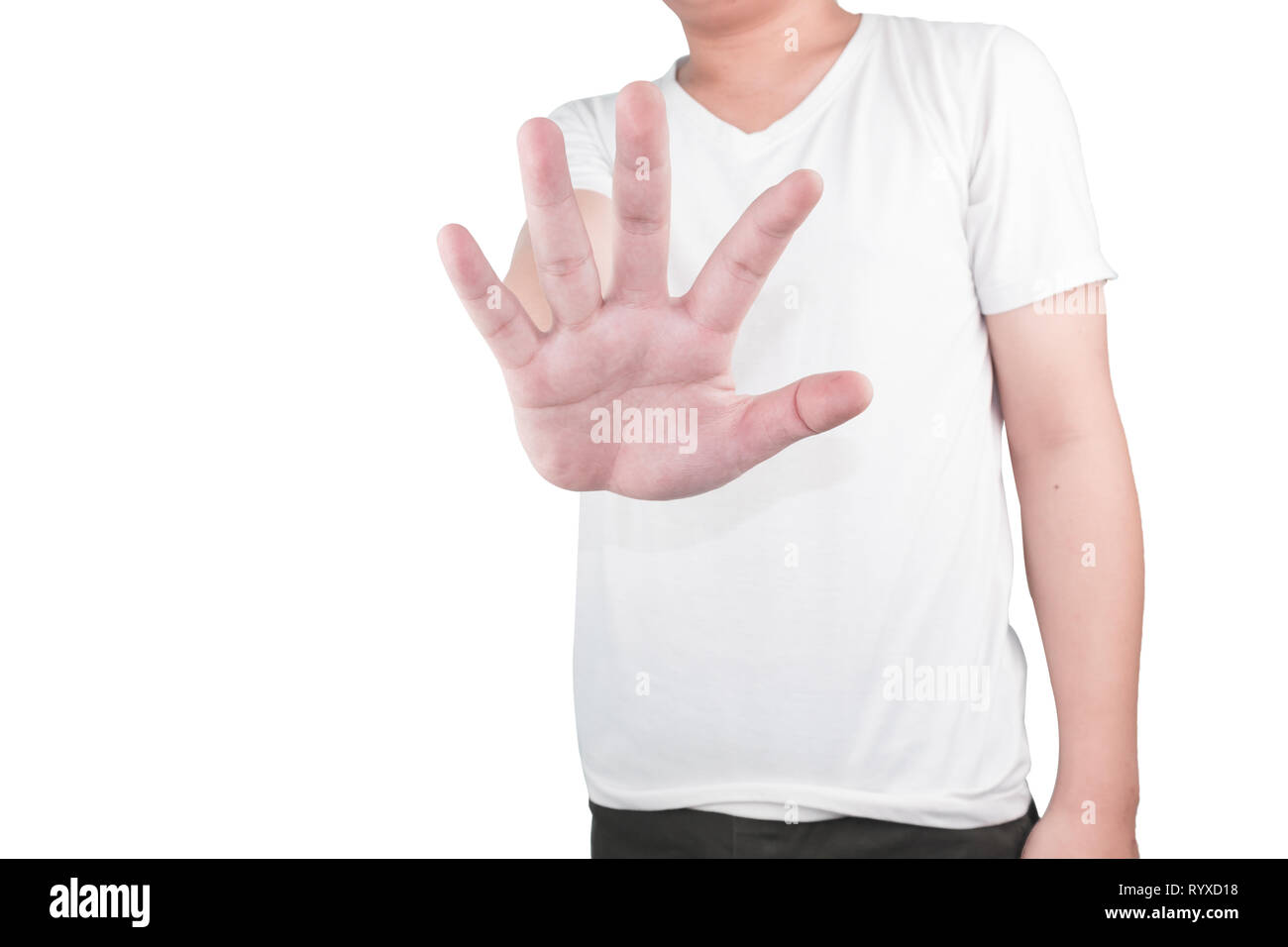 Handsome Asian young men Wearing a t-shirt hand show stop sign isolated ...