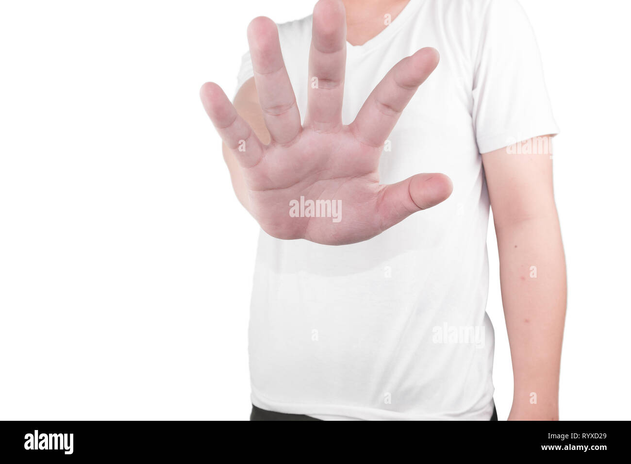 Handsome Asian young men Wearing a t-shirt hand show stop sign isolated ...