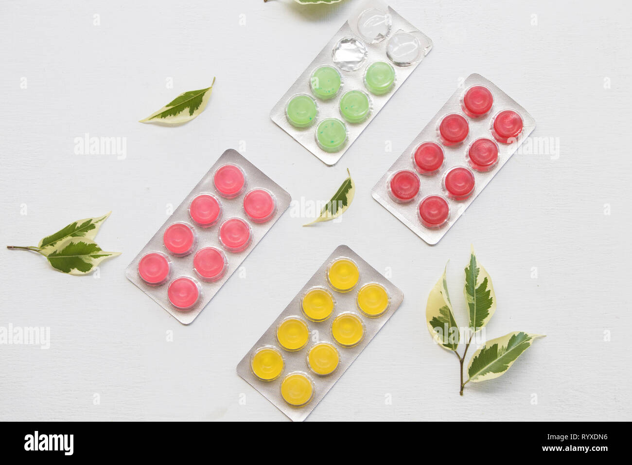 cough sore pastille colorful extract from herbal with leaf arrangement ...
