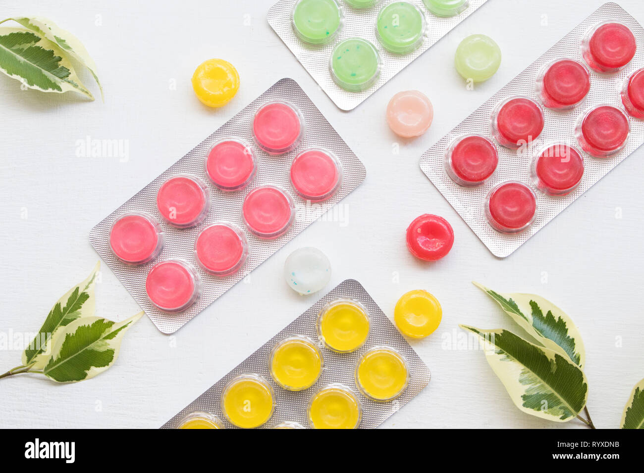 cough sore pastille colorful extract from herbal with leaf arrangement ...
