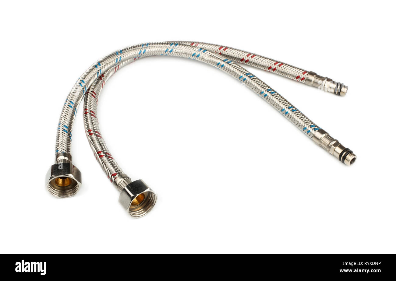 Water hoses in stainless braided to connect mixer Stock Photo - Alamy