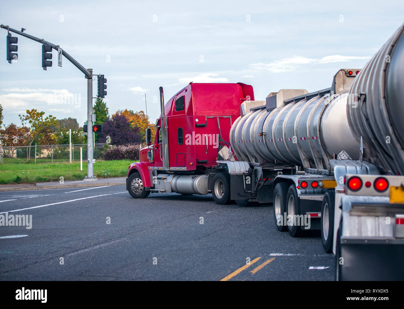 Big rig American long haul semi truck with two tank semi trailer ...