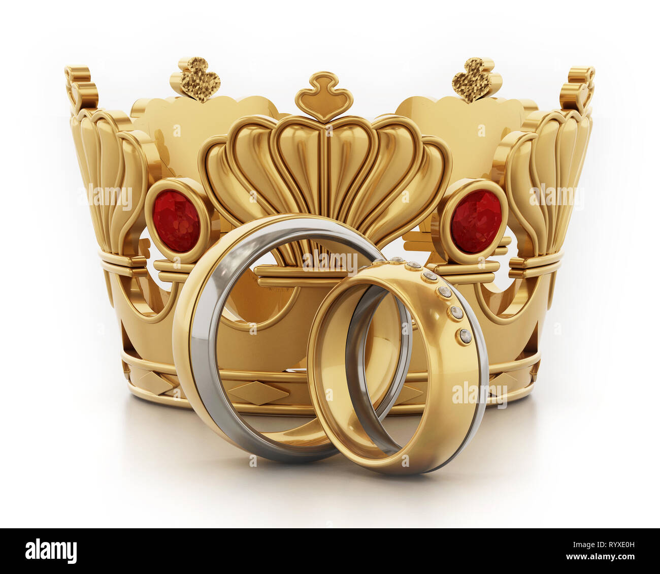 Royal wedding concept with crown and wedding rings. 3D illustration ...