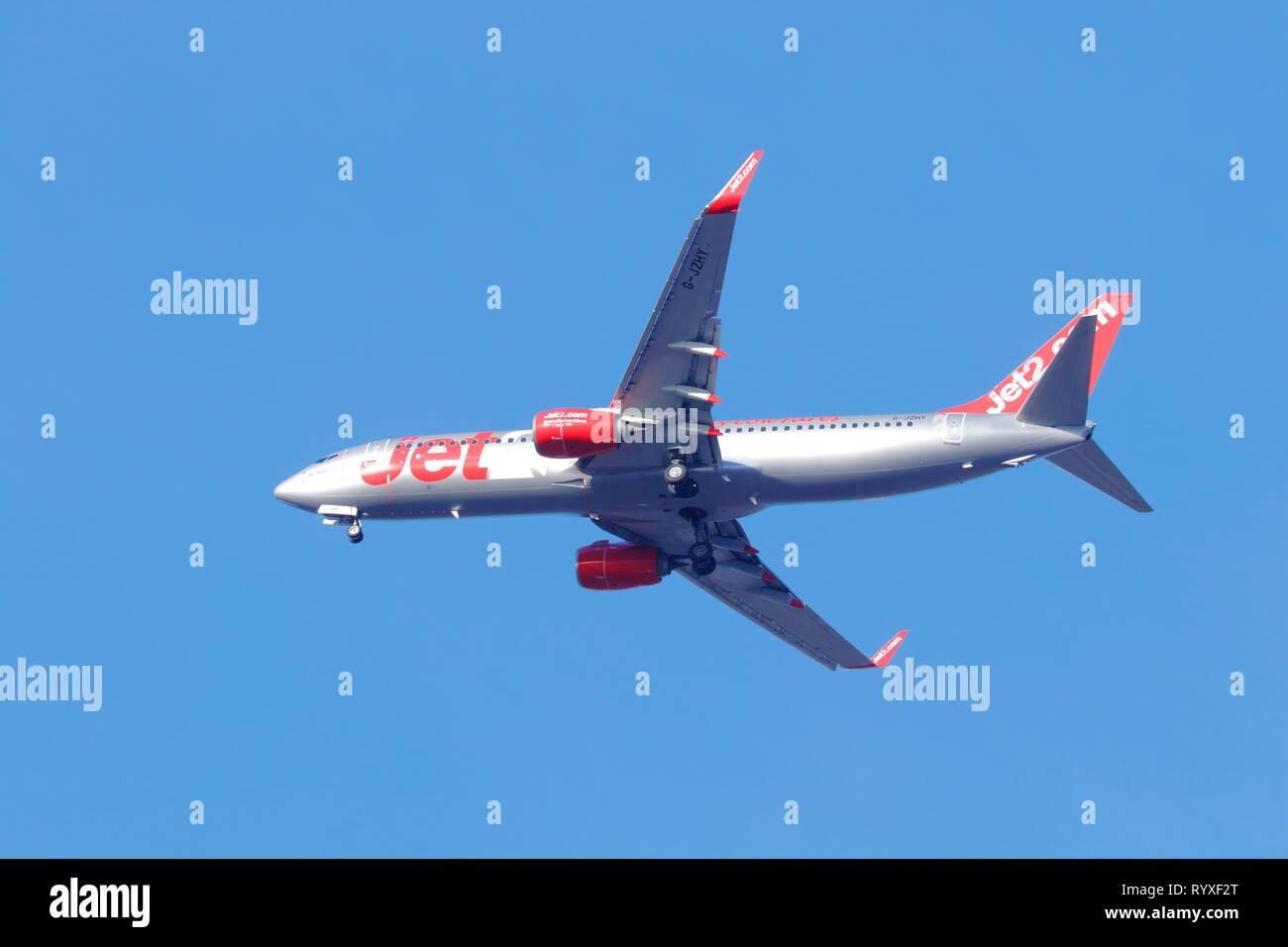 A Jet 2 Boeing 737 G-JZHY in Red & Silver livery, on final approach to ...
