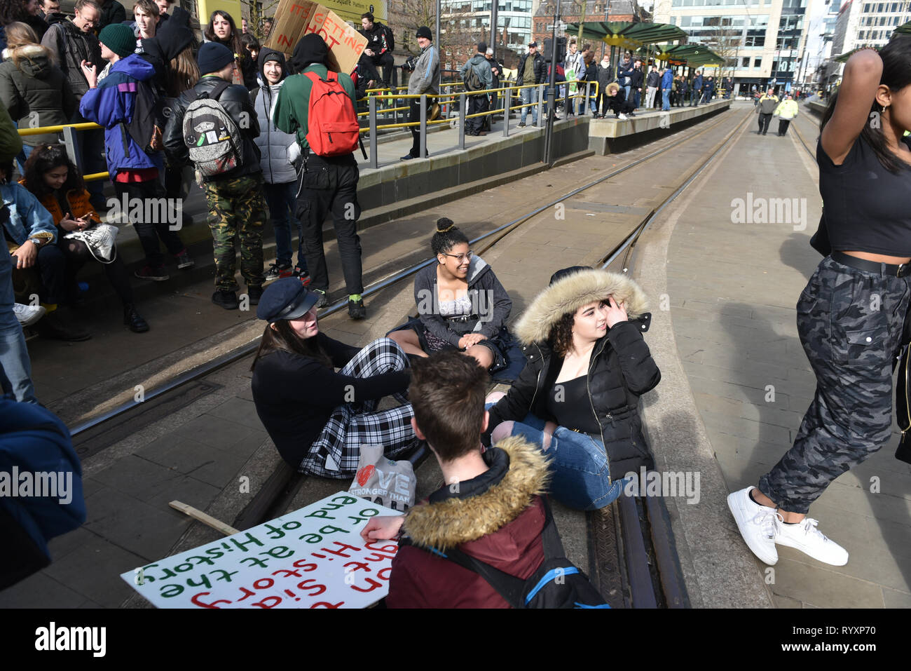 Manchester, UK, 15th March 2019. Pupils from schools across Manchester ...