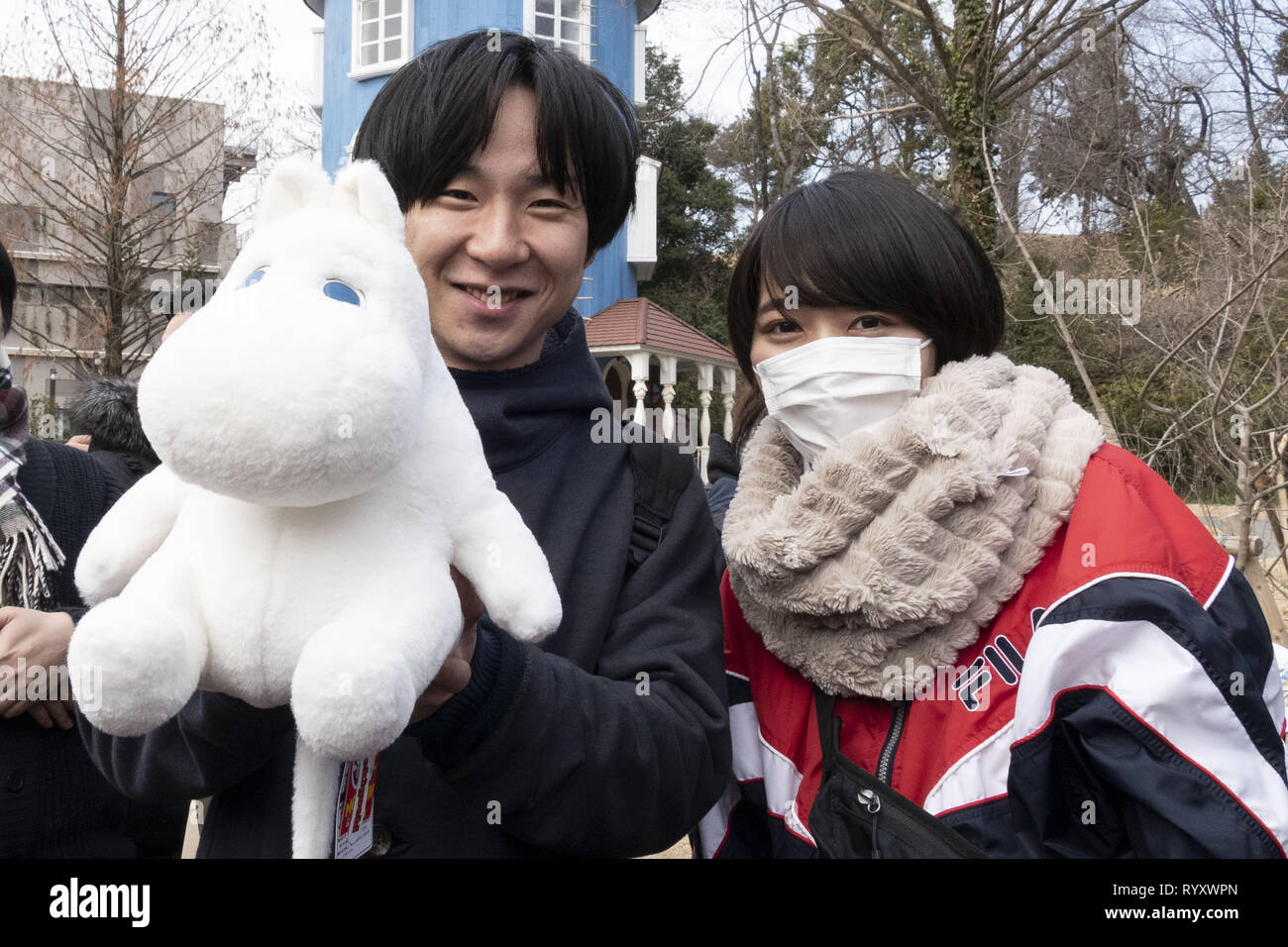 Saitama, Japan. 16th Mar, 2019. Visitors show a Moomin character during ...