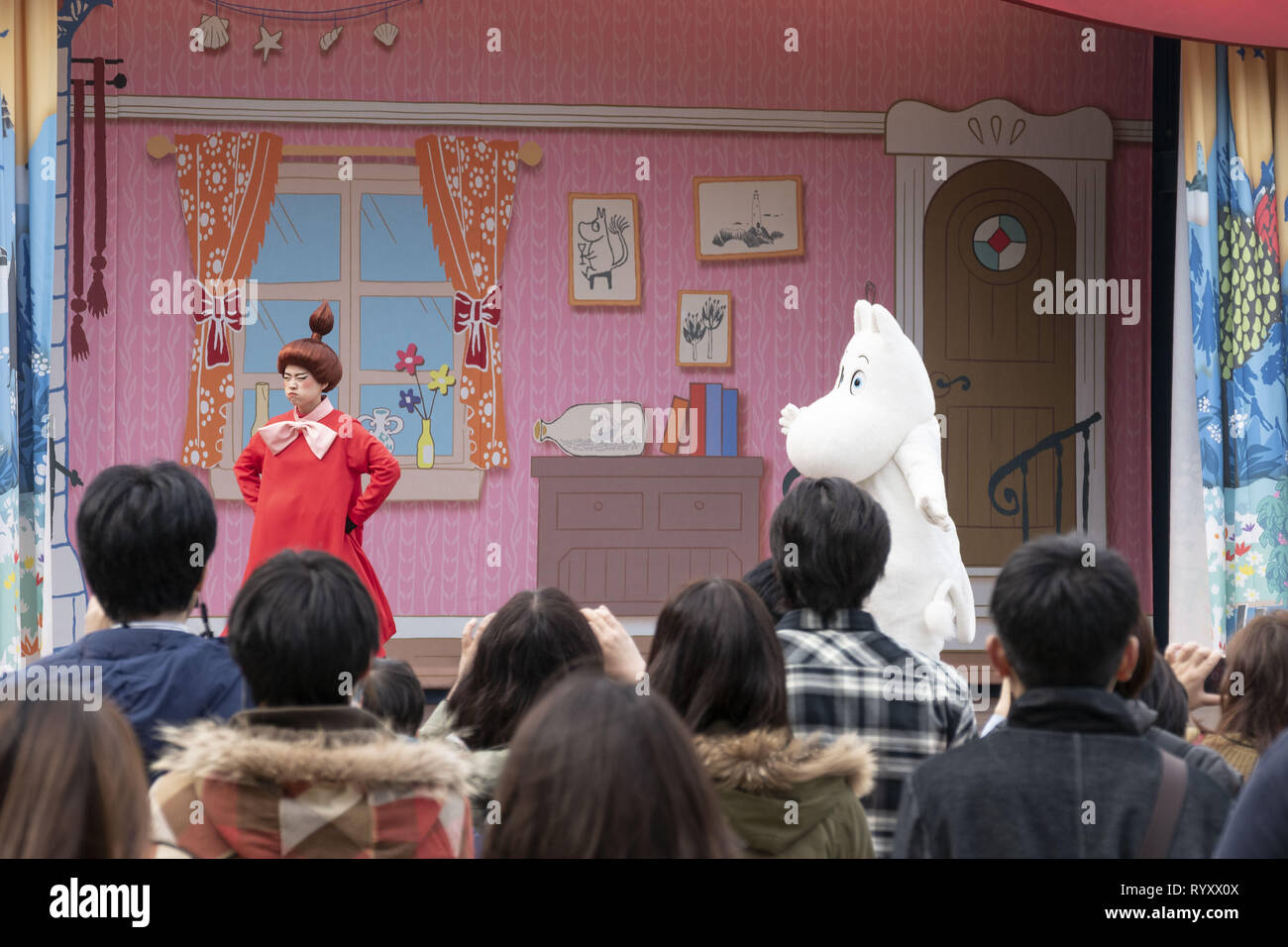 Saitama, Japan. 16th Mar, 2019. Moomin characters perform during the ...
