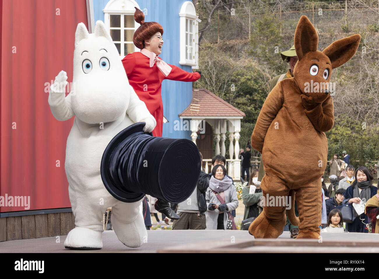 Saitama, Japan. 16th Mar, 2019. Moomin characters perform during the ...