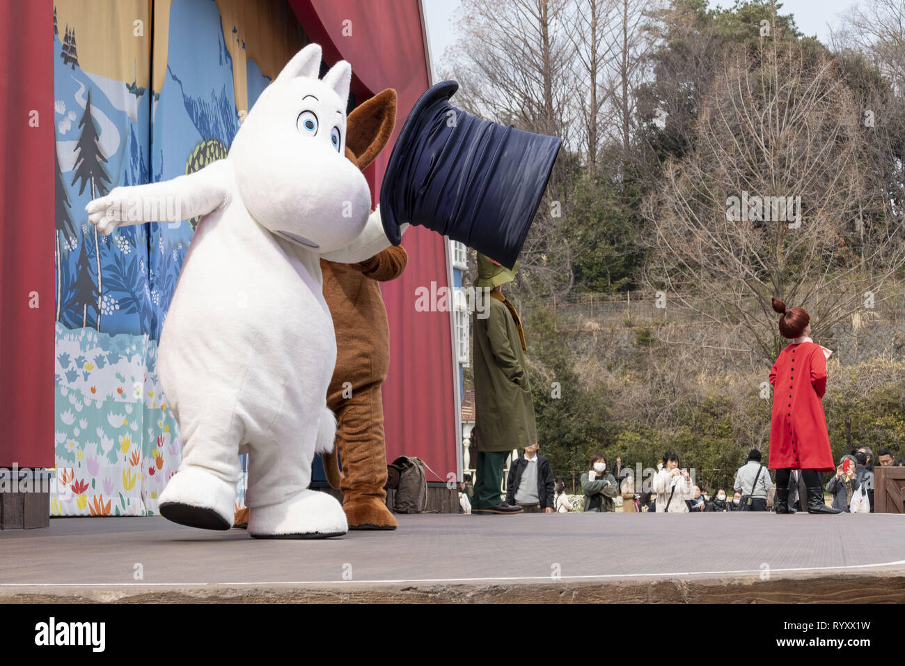 Saitama, Japan. 16th Mar, 2019. Moomin characters perform during the ...