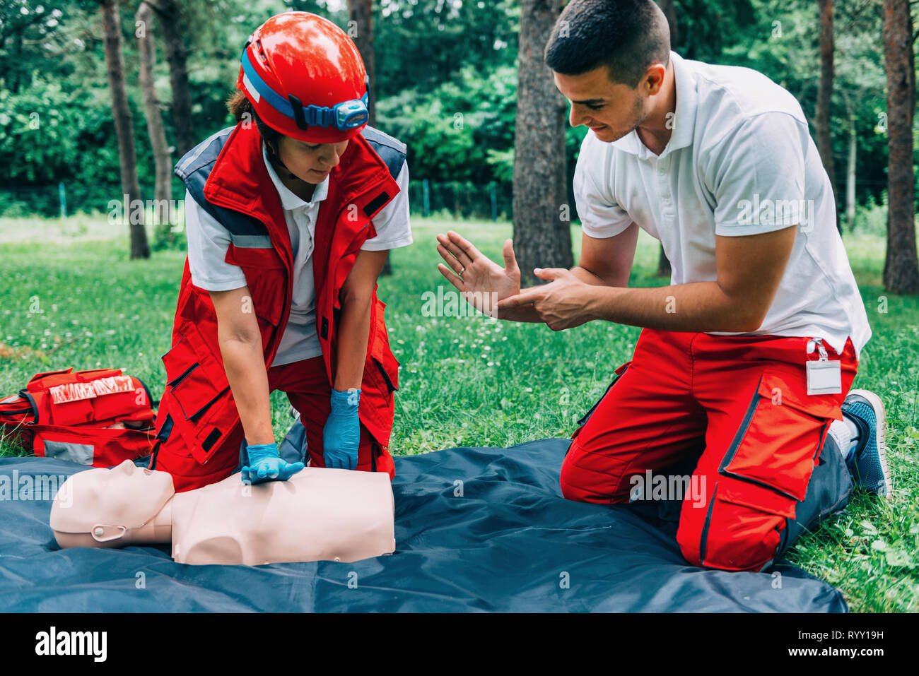 CPR training on dummy outdoors Stock Photo - Alamy
