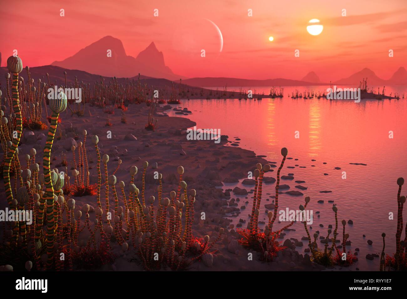 Artwork of alien plants on a hospiitable foreign world. View from the ...