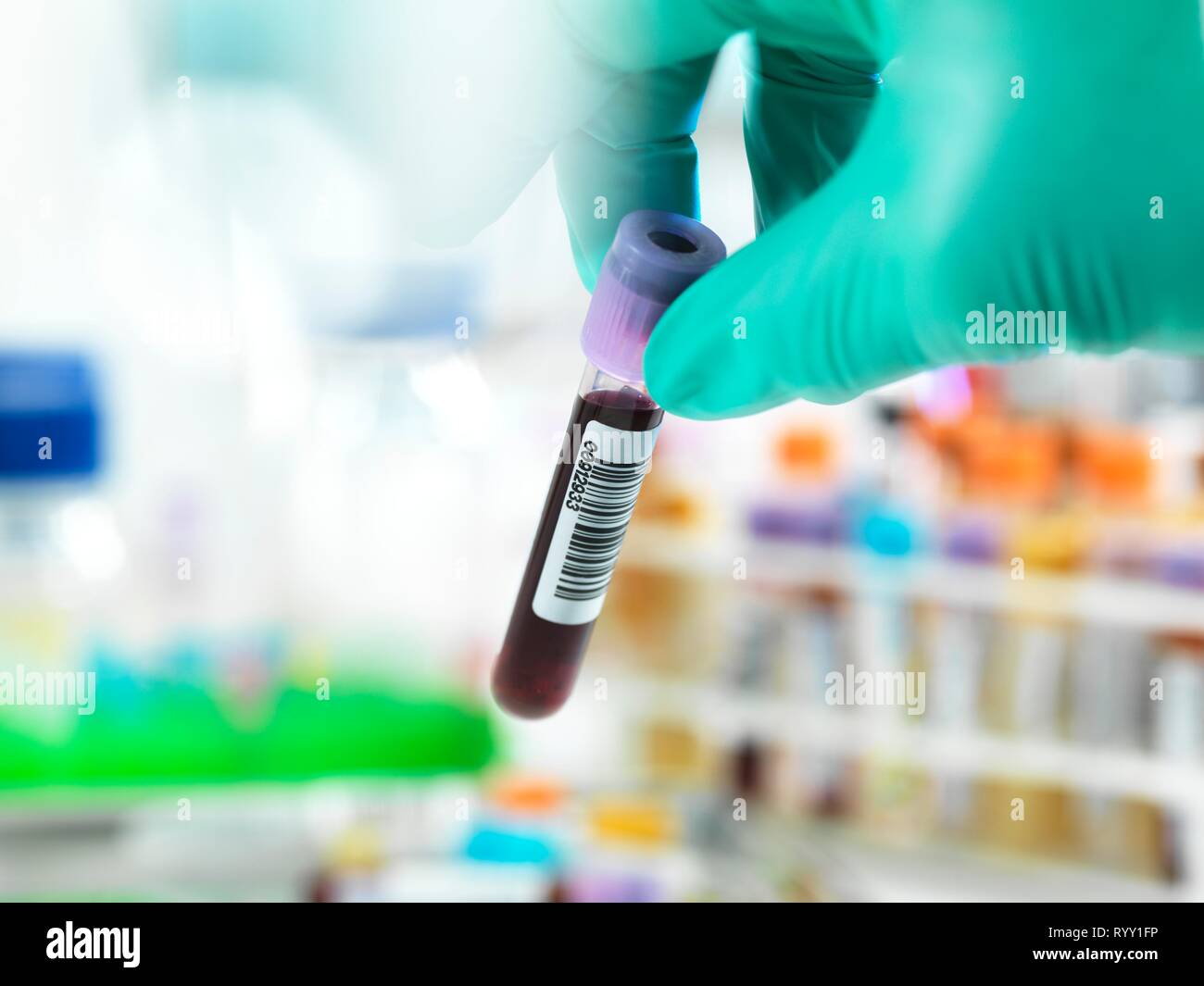 Technician holding a blood sample ready for testing with other human ...